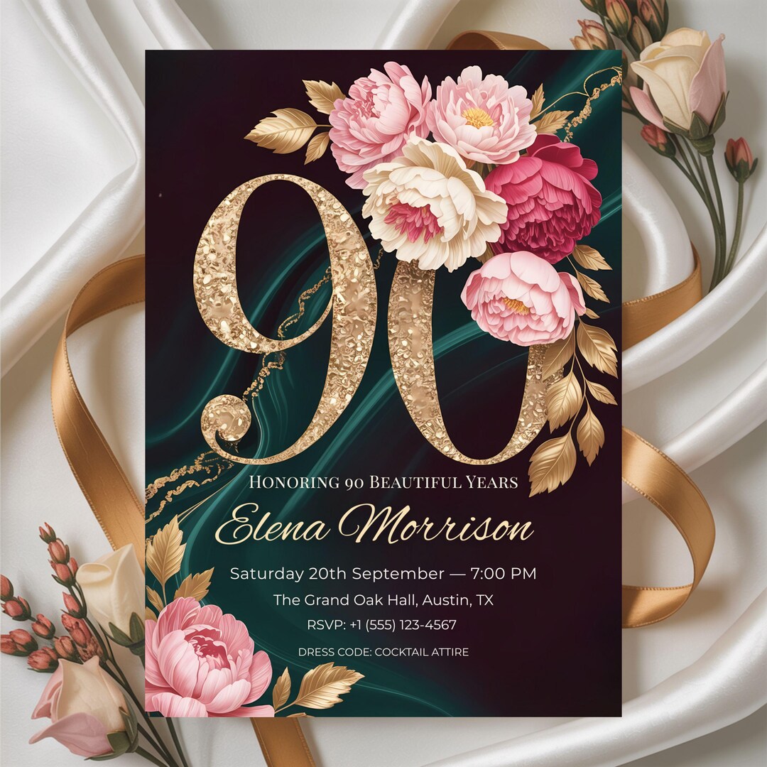 Elegant Floral 90th Birthday Invitation, Emerald & Gold Luxury Design ...