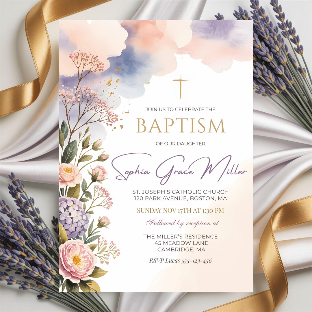 Girl Baptism Invitation: Watercolor Floral, Gold Cross, Editable Canva ...