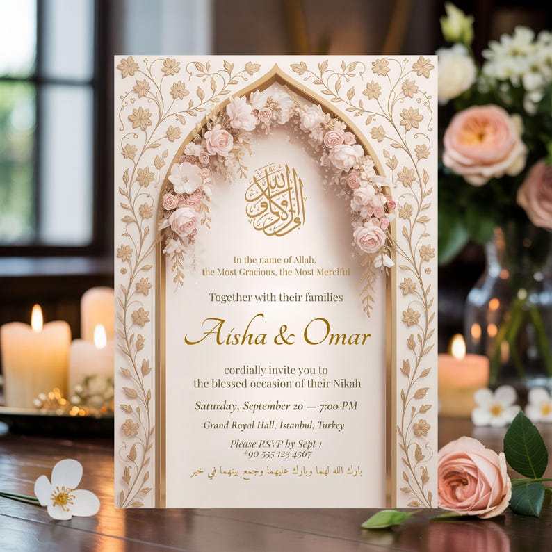 Elegant Nikah Wedding Invitation, Islamic Floral Arch With Arabic ...