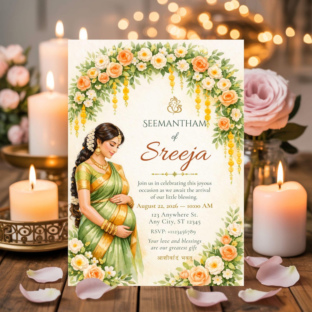 Seemantham Invitation, Indian Baby Shower Invite, Floral Ceremony Card ...