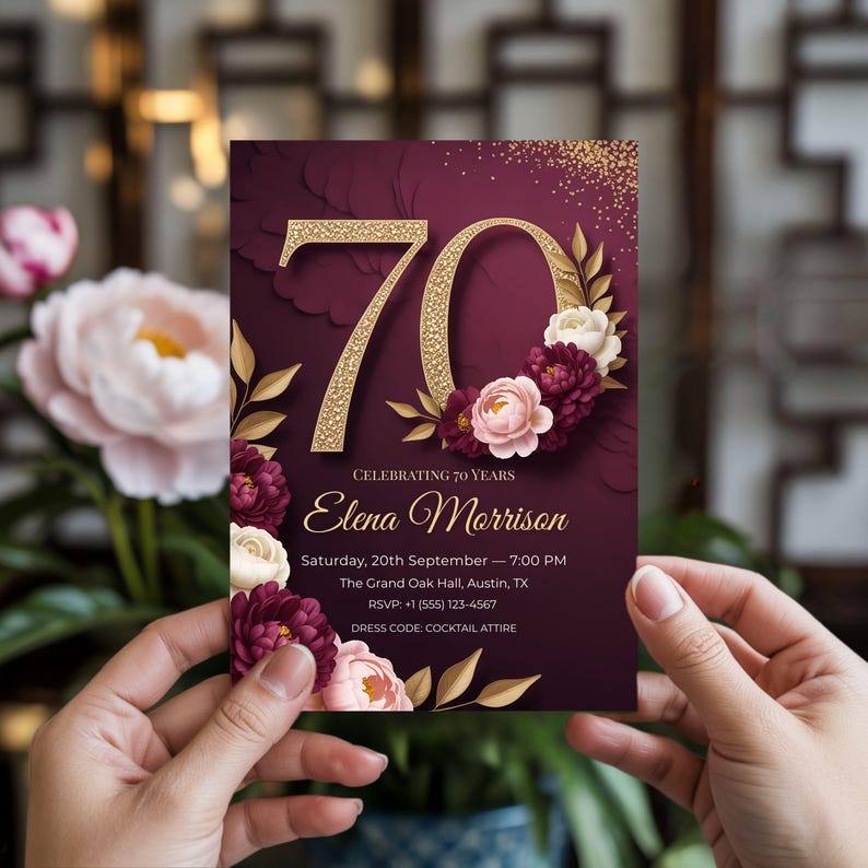 Luxury Floral 70th Birthday Invitation: Editable Age Burgundy & Gold ...