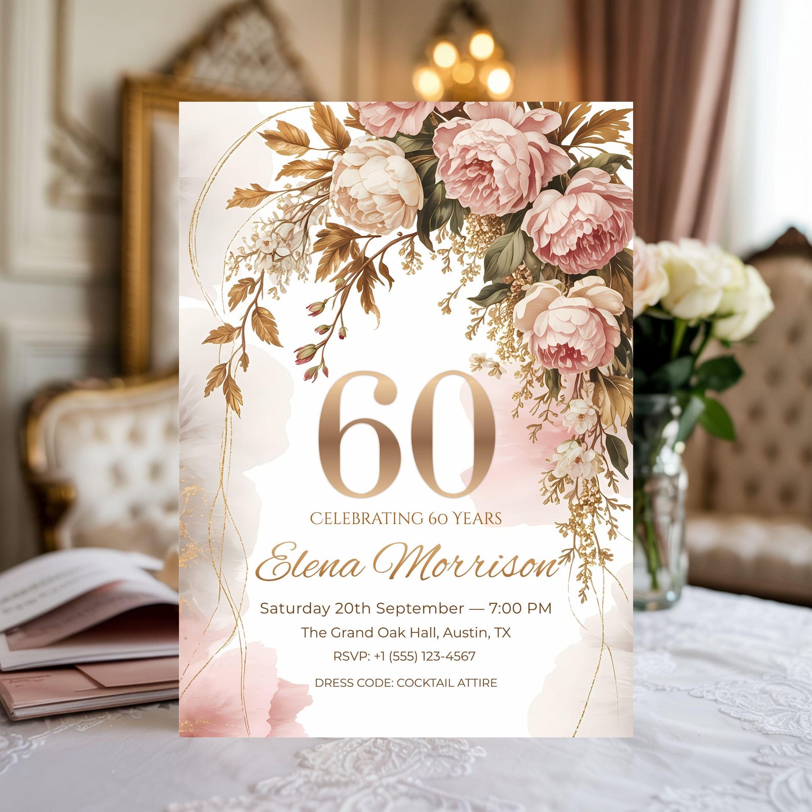 Luxury Floral 60th Birthday Invitation: Editable Age Blush & Gold ...