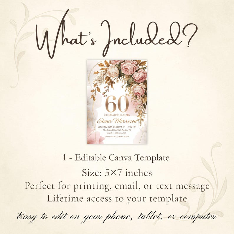 Luxury Floral 60th Birthday Invitation: Editable Age Blush & Gold ...
