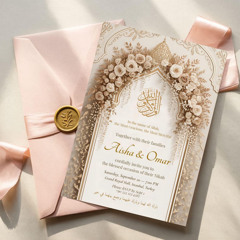 Elegant Islamic Wedding Invitation: Arabic Calligraphy Canva Template ...