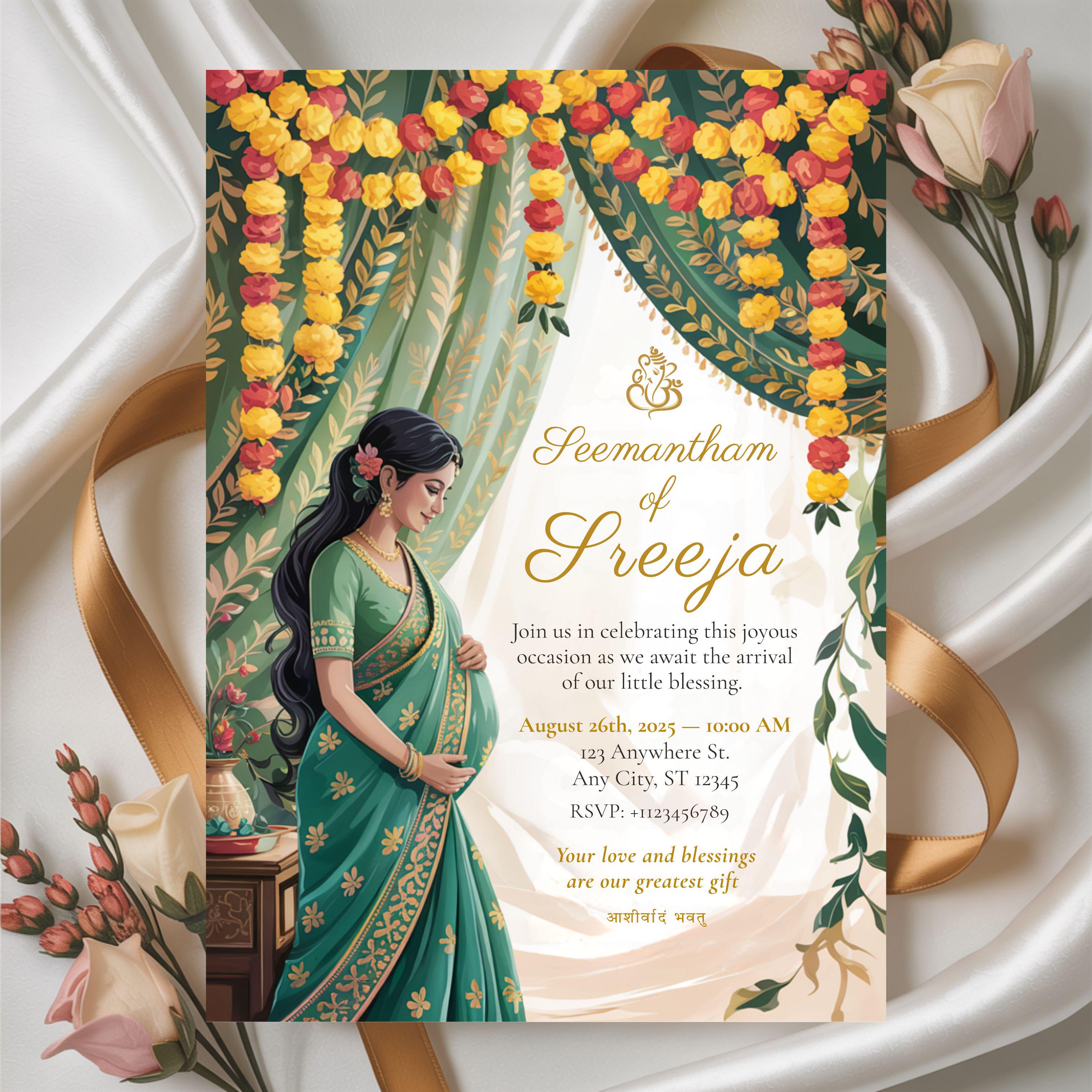 Seemantham Invitation: South Indian Baby Shower, Editable Canva ...