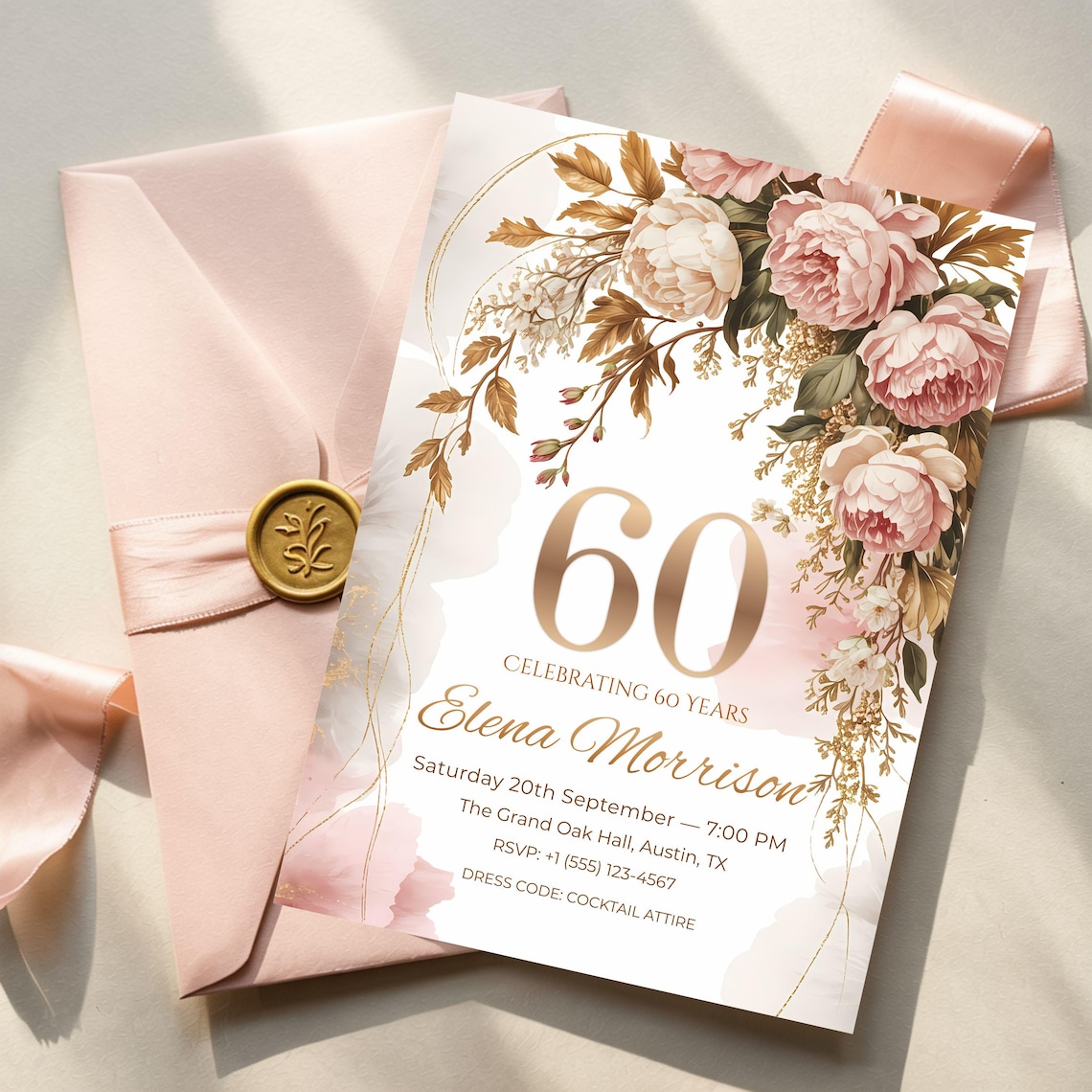 Luxury Floral 60th Birthday Invitation: Editable Age Blush & Gold ...