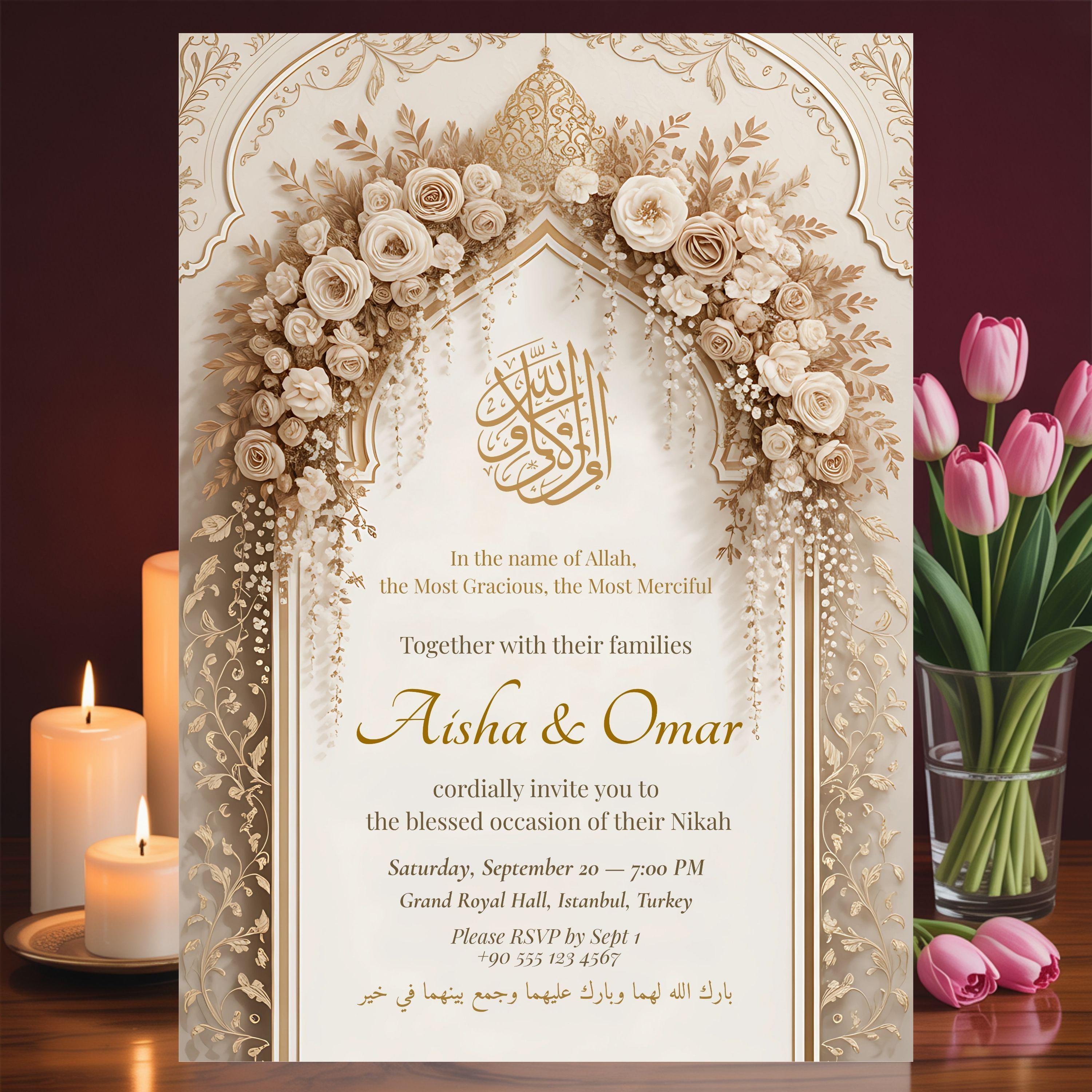 Elegant Islamic Wedding Invitation: Arabic Calligraphy Canva Template ...