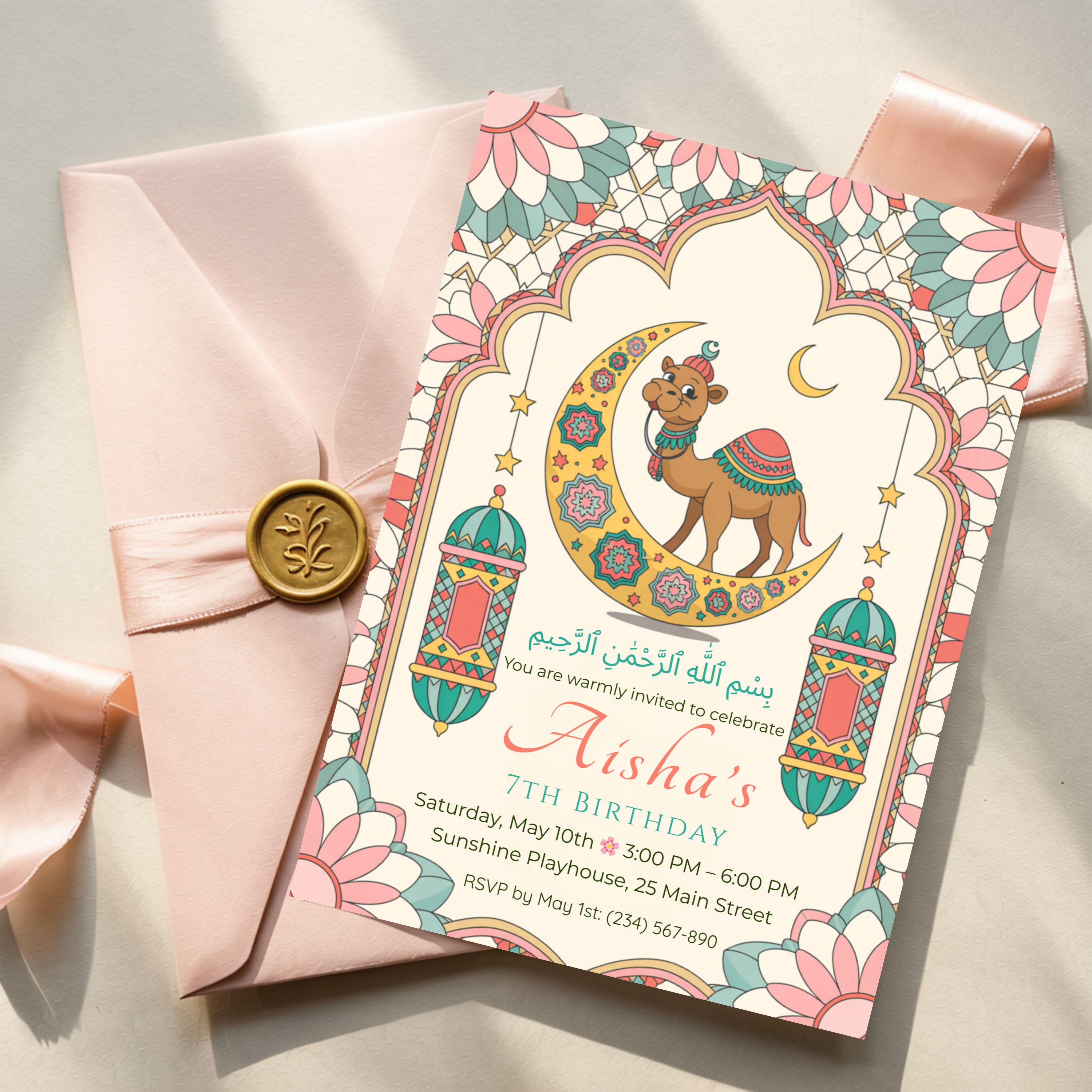 Muslim Birthday Invitation Girl: Camel Moon Design (digital Download ...
