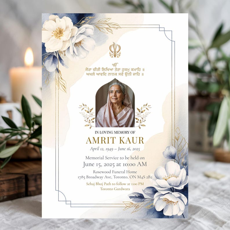 Editable Sikh Memorial Invitation Template, Floral Funeral Card (canva ...