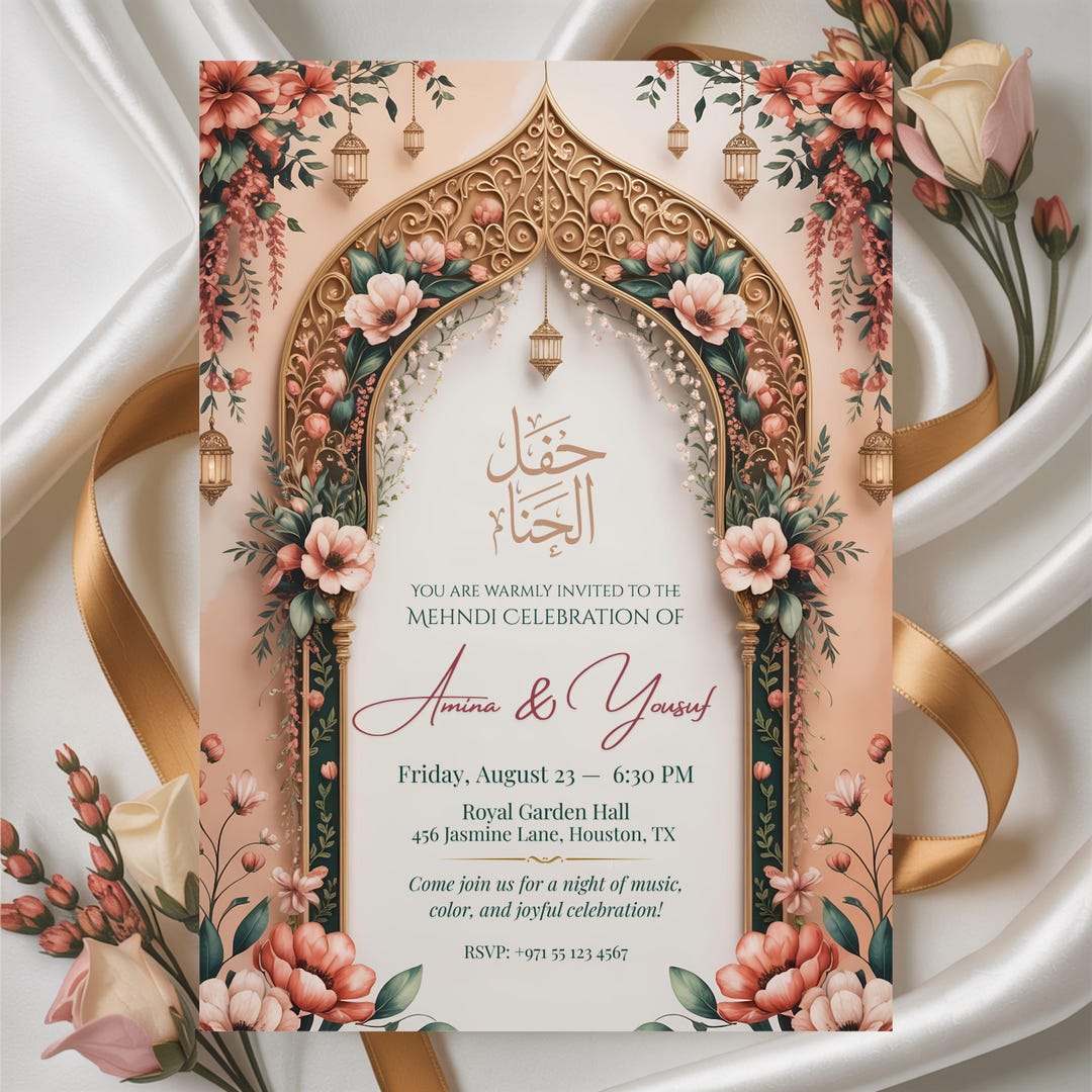 Gold Floral Arch Mehndi Invitation: Islamic Arabic Design (editable ...