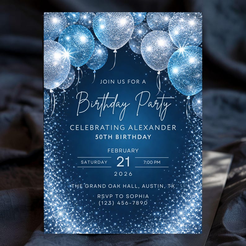 Luxury Birthday Invitation: Blue & Silver Glitter Balloons Editable ...