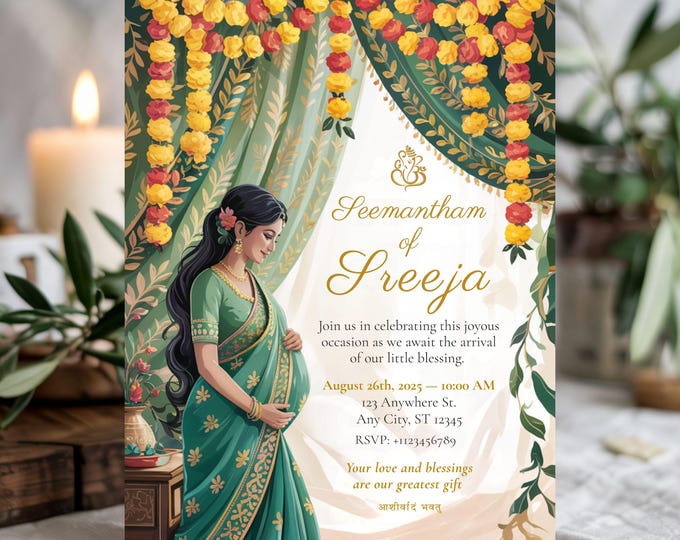 Seemantham Invitation Template: Traditional Indian Baby Shower Card ...