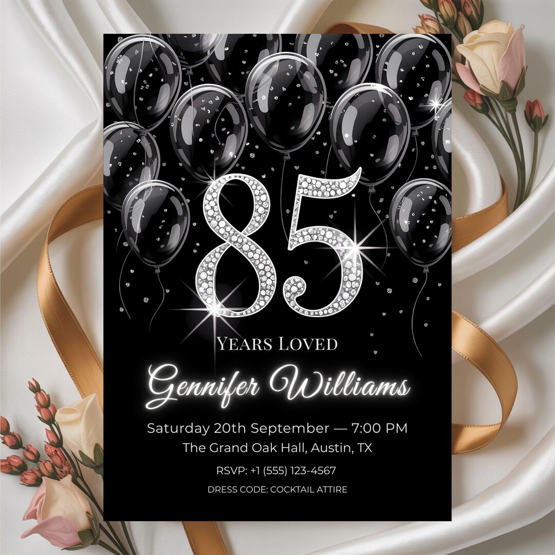 Luxury 85th Birthday Invite: Elegant Black & Silver Diamond Balloons ...
