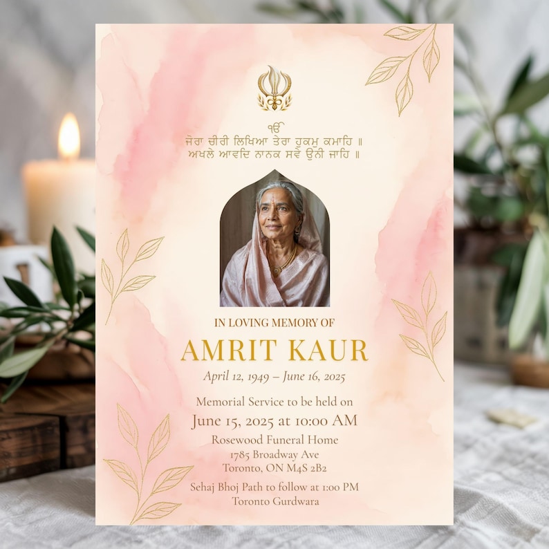 Editable Sikh Memorial Invitation Template, Pink & Gold Funeral Card - Etsy