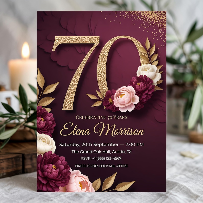 Luxury Floral 70th Birthday Invitation: Editable Age Burgundy & Gold ...