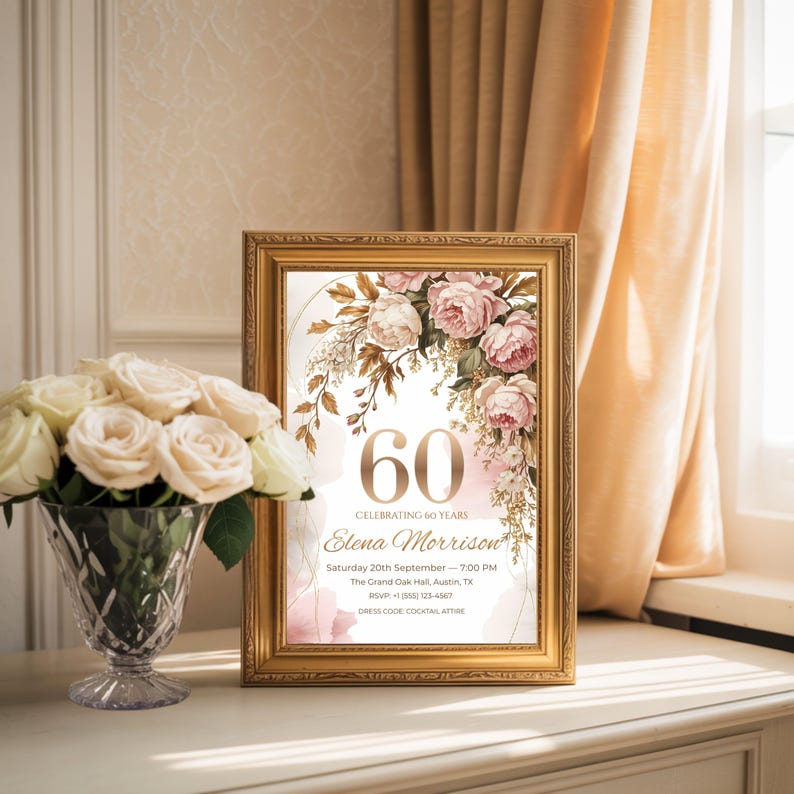 Luxury Floral 60th Birthday Invitation: Editable Age Blush & Gold ...
