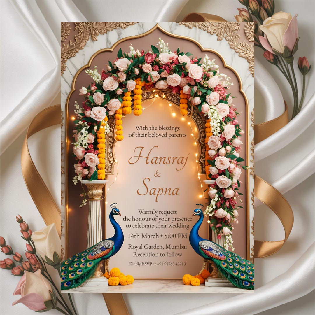 Indian Wedding Invitation: Floral Mandap Arch With Peacocks & Marigold ...