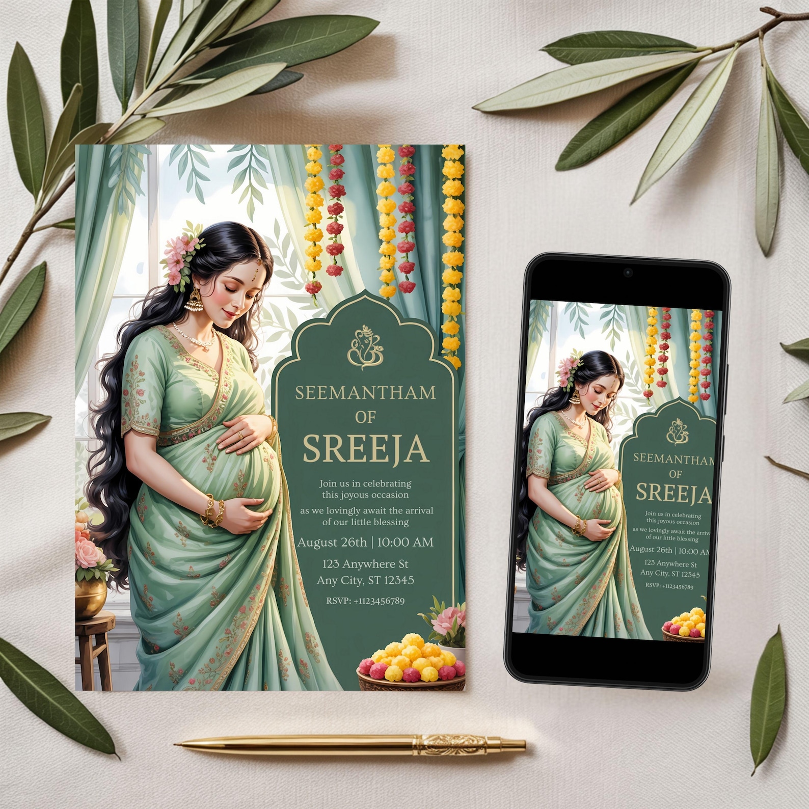 Seemantham Invitation Template: Elegant Indian Baby Shower Card ...