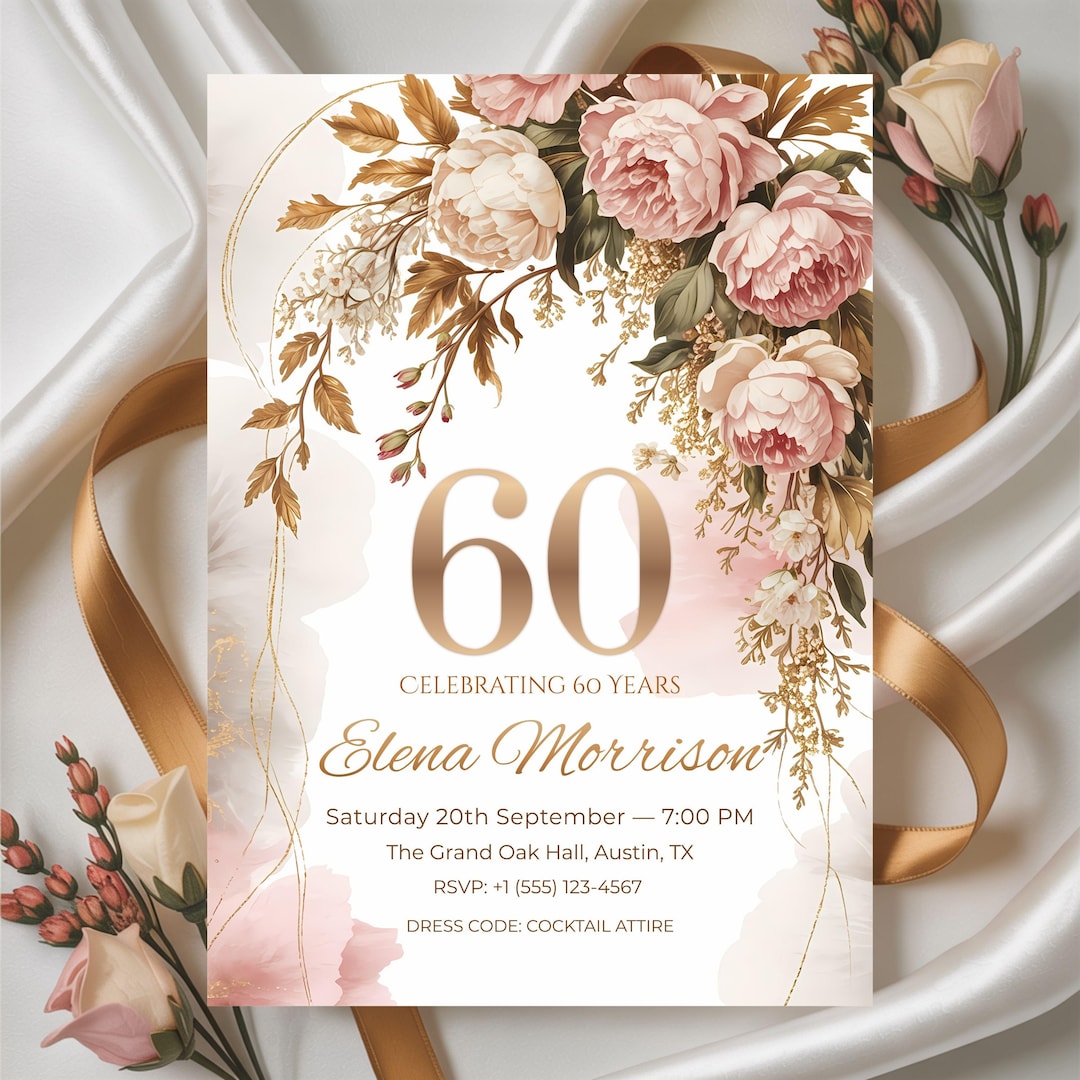 Luxury Floral 60th Birthday Invitation: Editable Age Blush & Gold ...