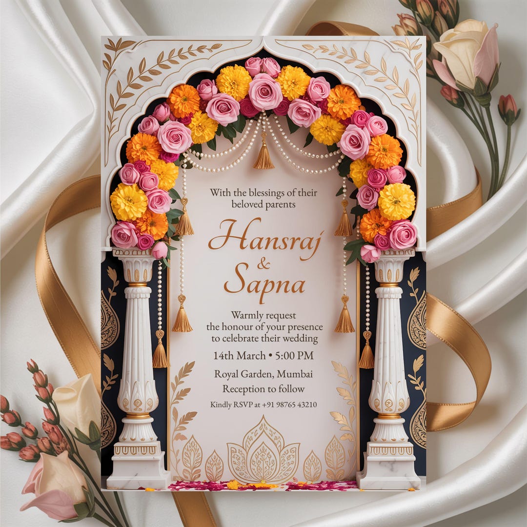 Indian Wedding Invitation Template: Floral Mandap Arch & Pearl Garland ...