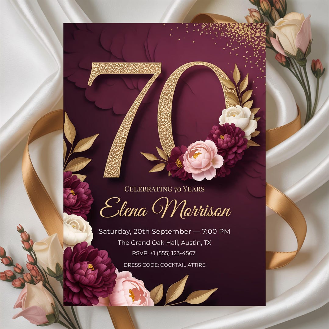 Luxury Floral 70th Birthday Invitation: Editable Age Burgundy & Gold ...