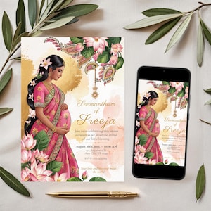 Seemantham Invitation Template: Luxury Lotus Baby Shower Card, Editable ...