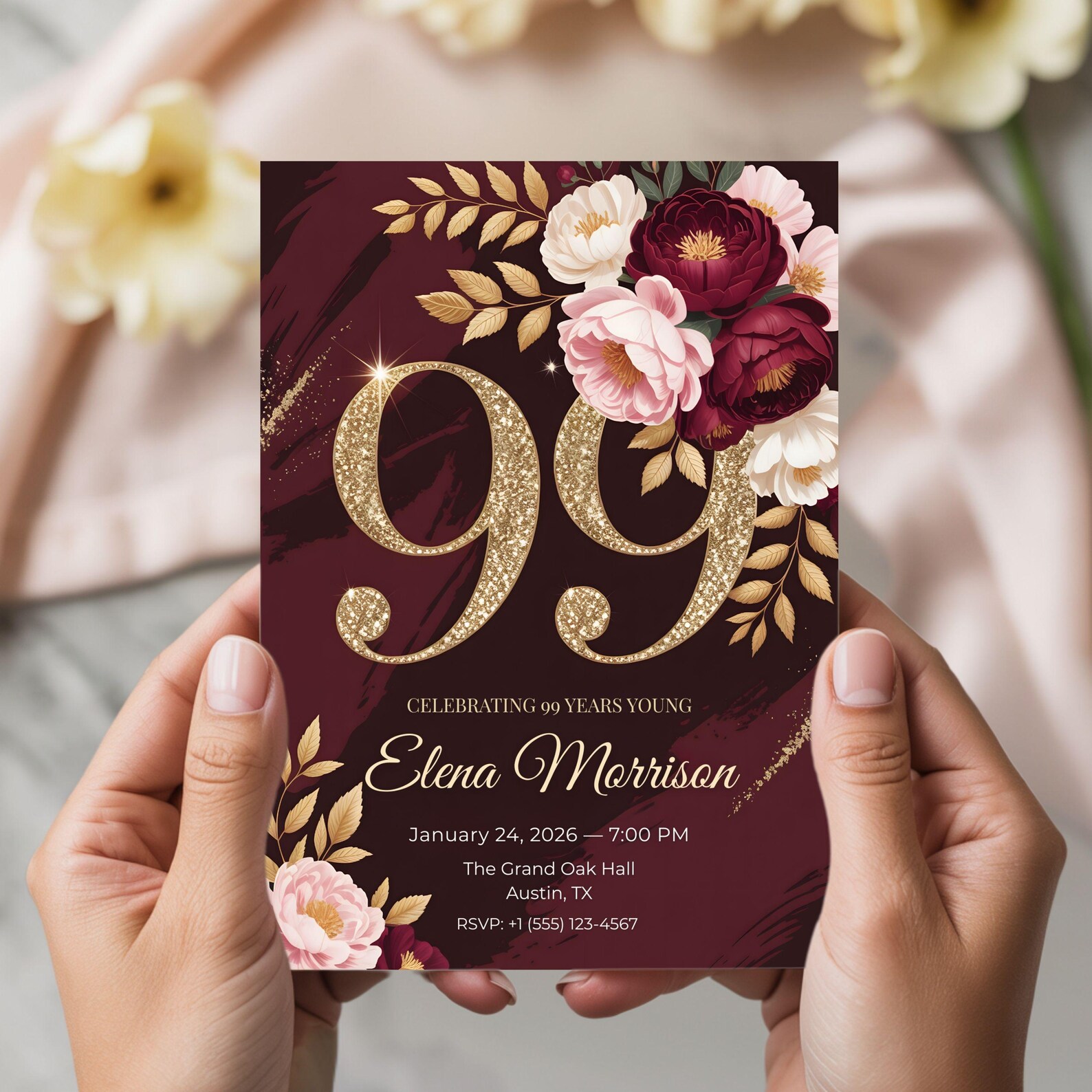 Luxury Floral 99th Birthday Invitation: Elegant Maroon & Gold With ...