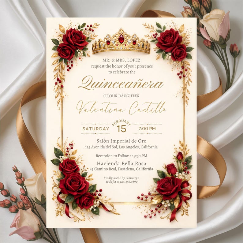 Elegant Red Rose Quinceañera Invitation Template, Gold Crown Design ...