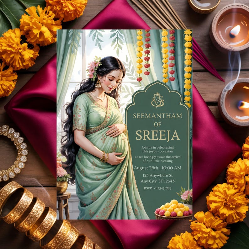 Seemantham Invitation Template: Elegant Indian Baby Shower Card ...