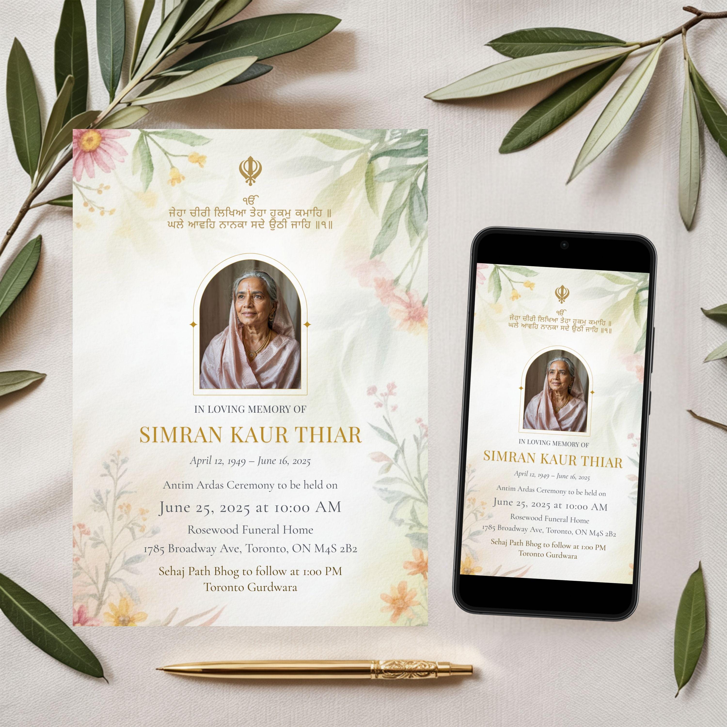 Sikh Memorial Invitation Template, Antim Ardas, Sehaj Path Bhog (canva ...