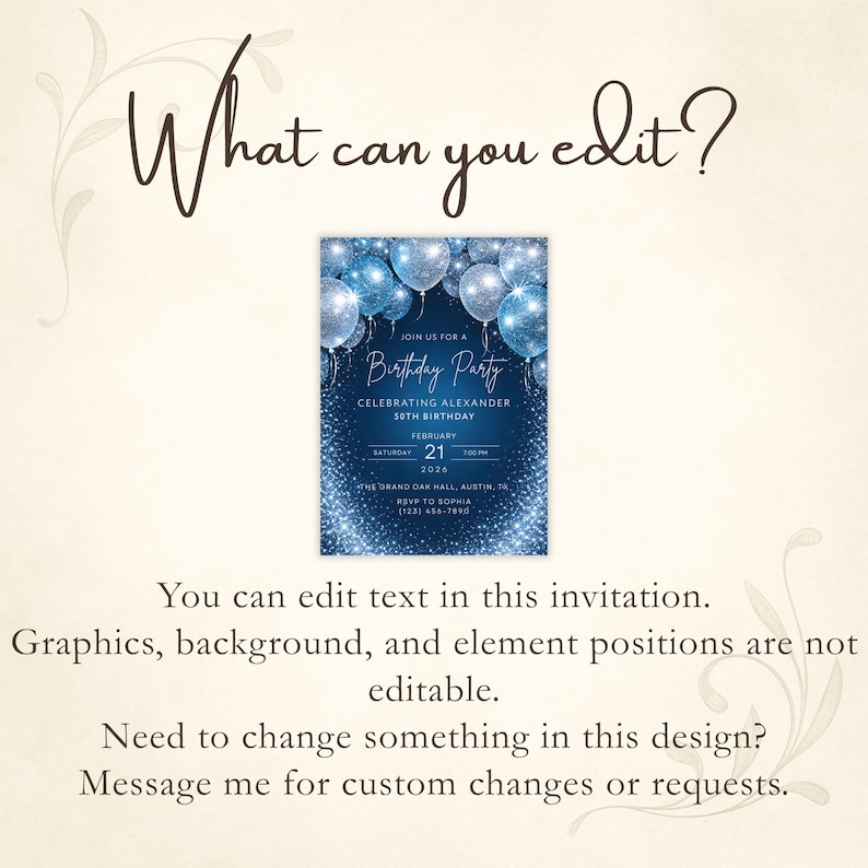 Luxury Birthday Invitation: Blue & Silver Glitter Balloons Editable ...