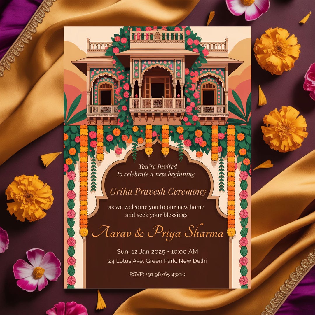 Traditional Griha Pravesh Invitation: Marigold Haveli Housewarming Card ...
