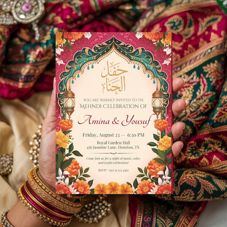 Elegant Mehndi Invitation: Floral Arch & Lantern Design, Gold Arabic ...