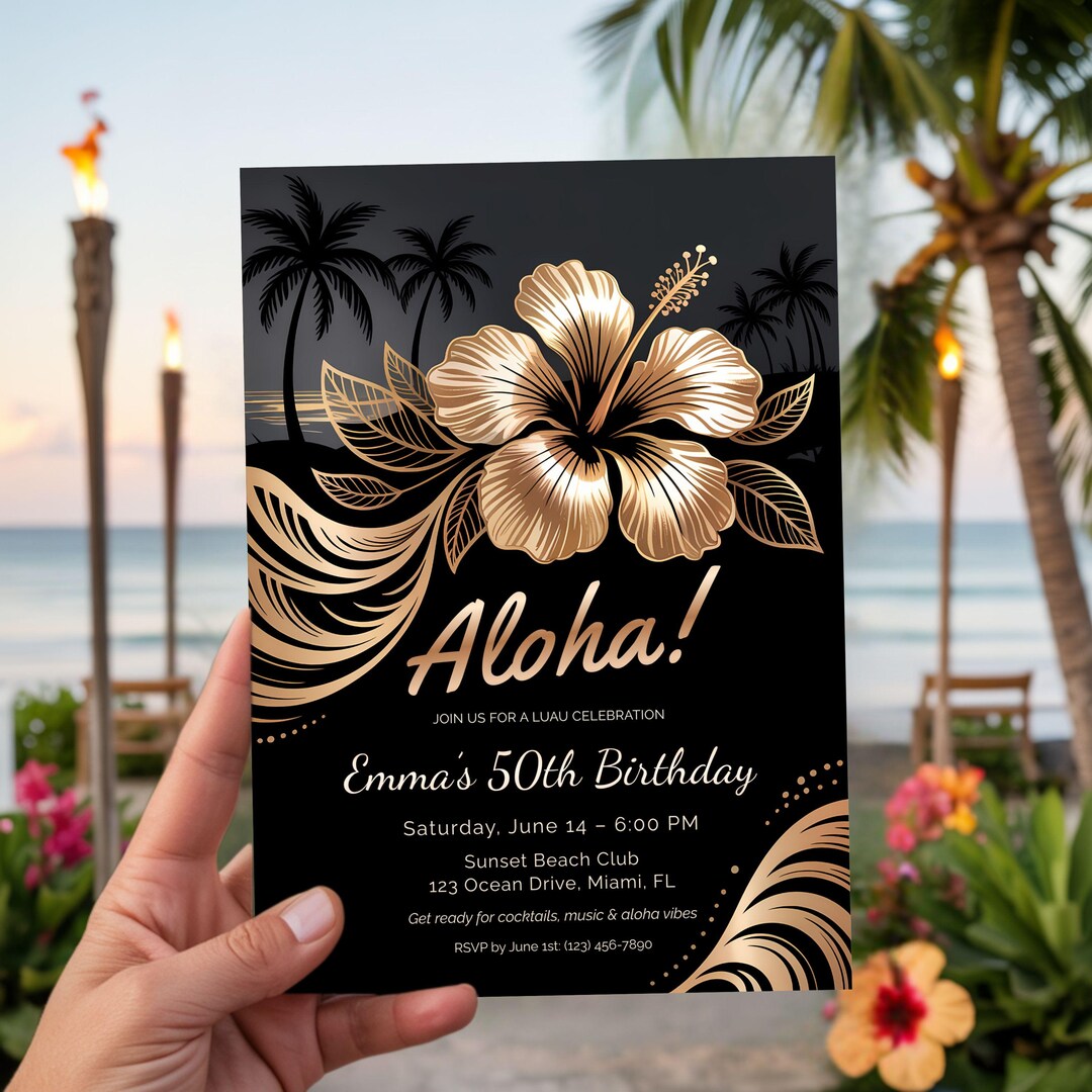Luau Birthday Invitation, Black Gold Hibiscus, Aloha Party Invite ...
