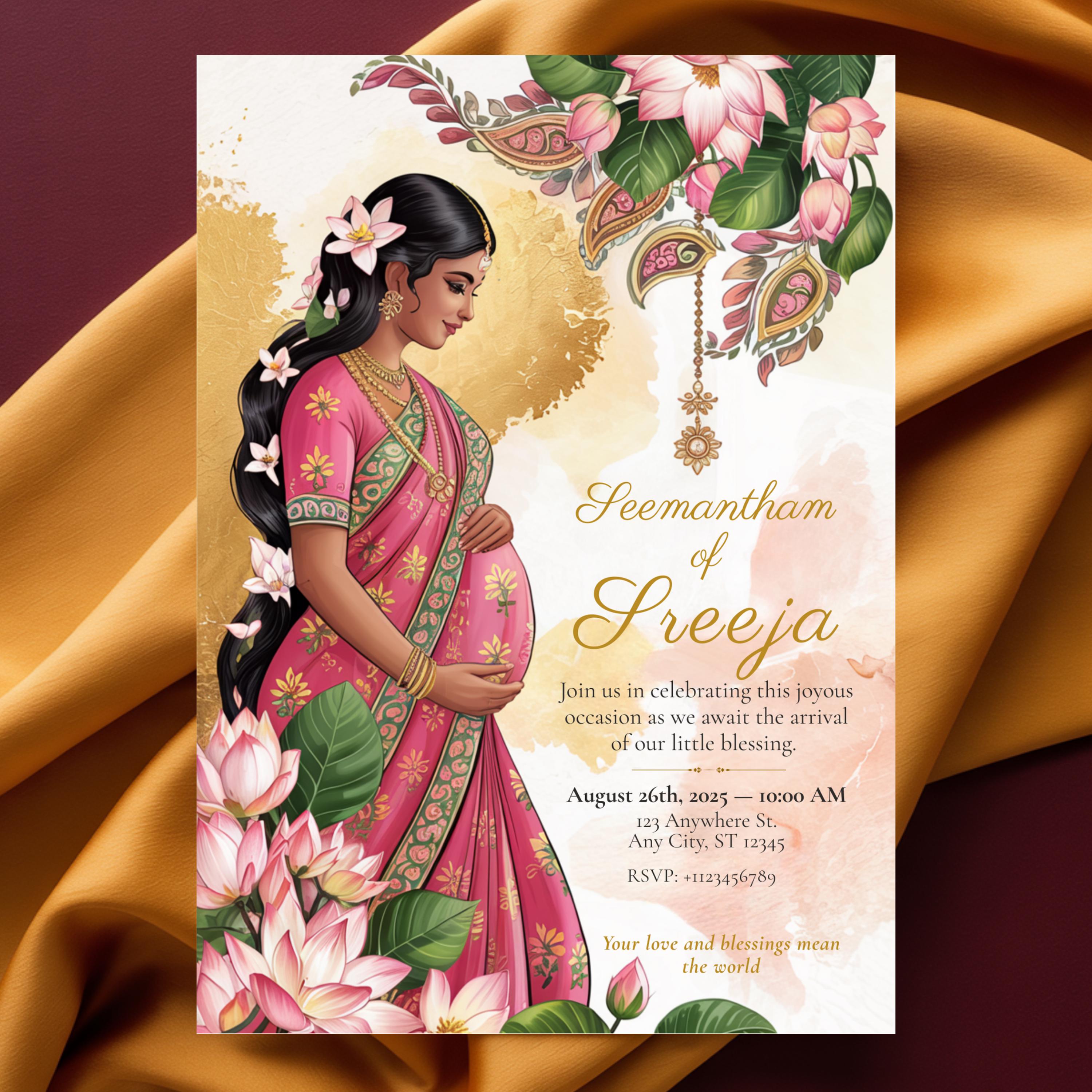 Seemantham Invitation Template: Luxury Lotus Baby Shower Card, Editable ...