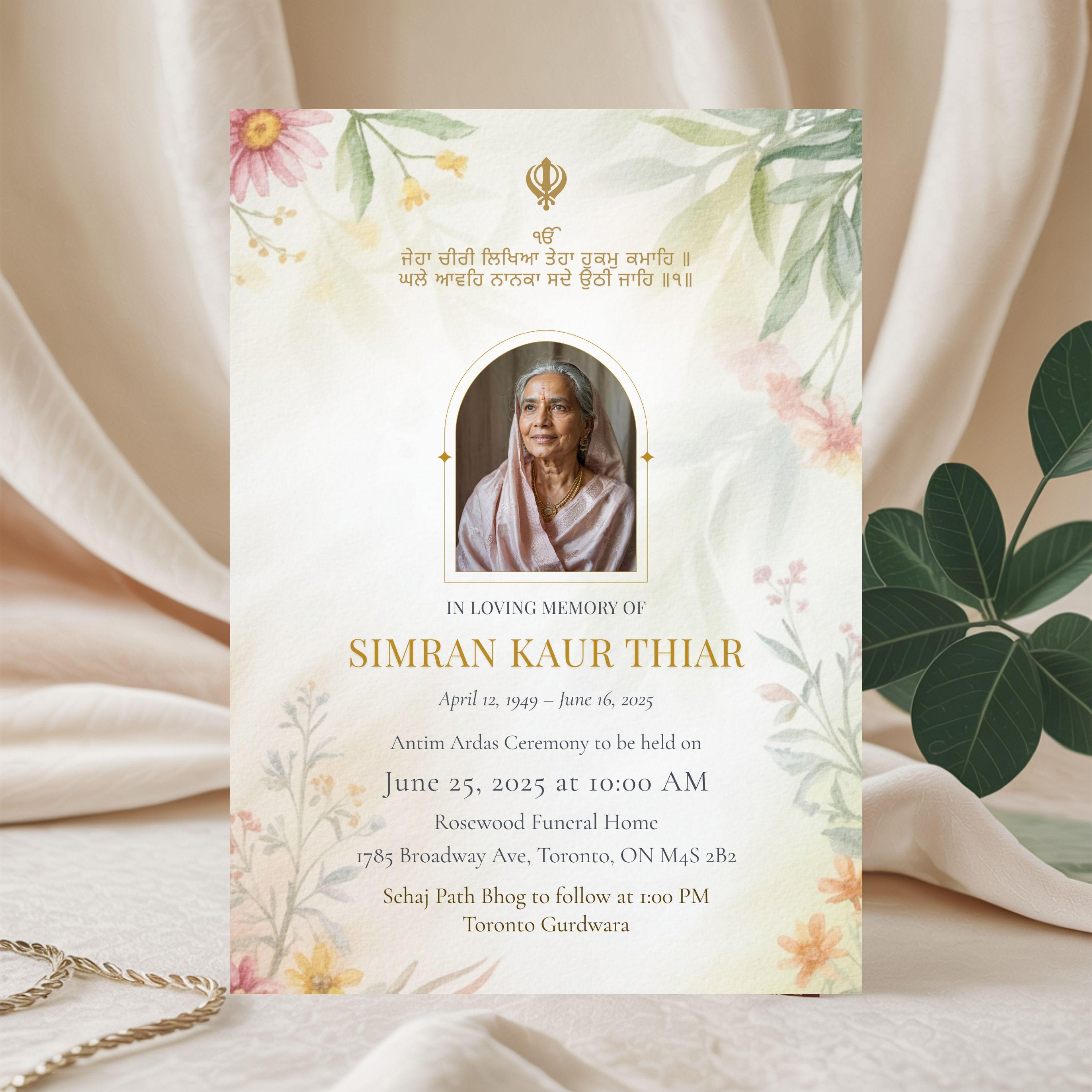 Sikh Memorial Invitation Template, Antim Ardas, Sehaj Path Bhog (canva ...