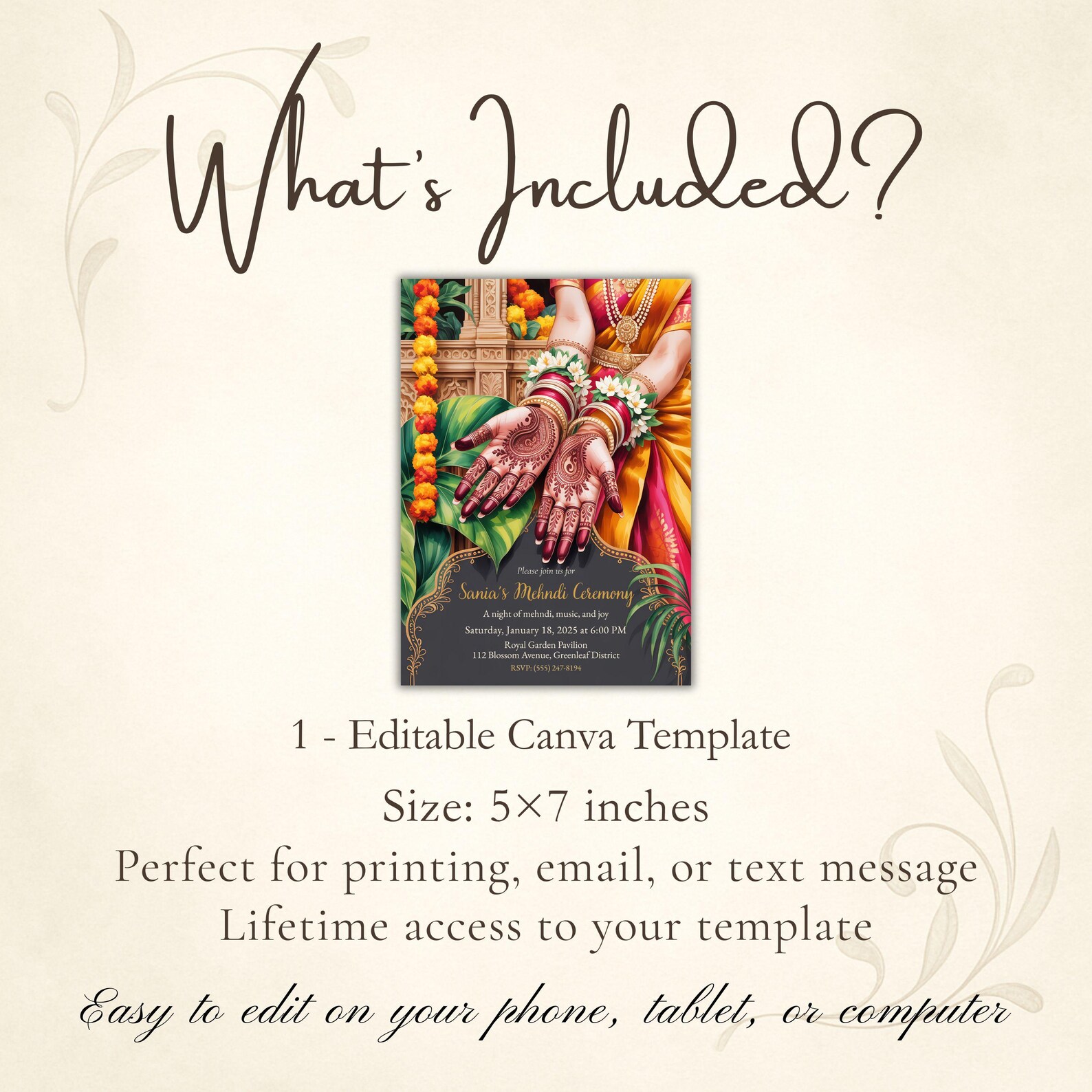 Luxury Mehndi Invitation: Henna Hands & Marigold Decor, Indian Canva ...