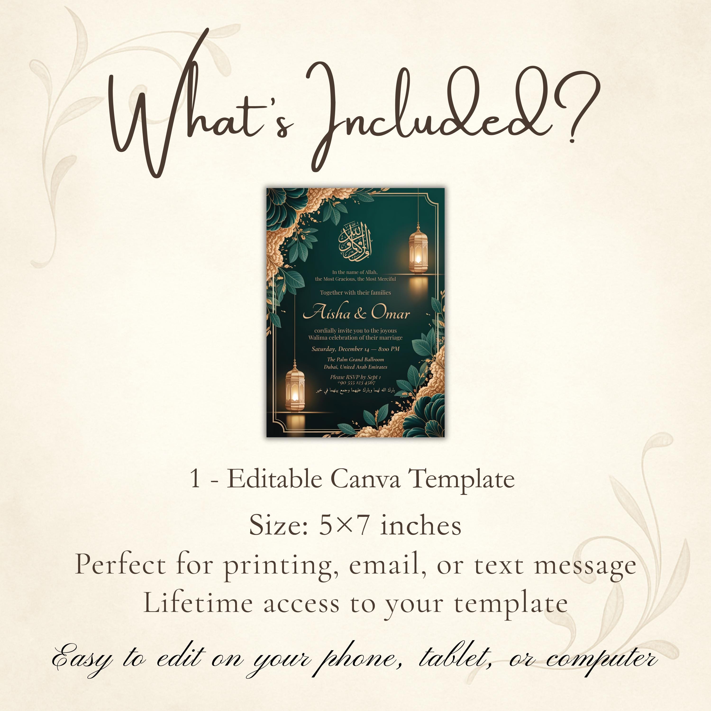 Luxury Islamic Wedding Invitation Template: Green & Gold Walima Card ...