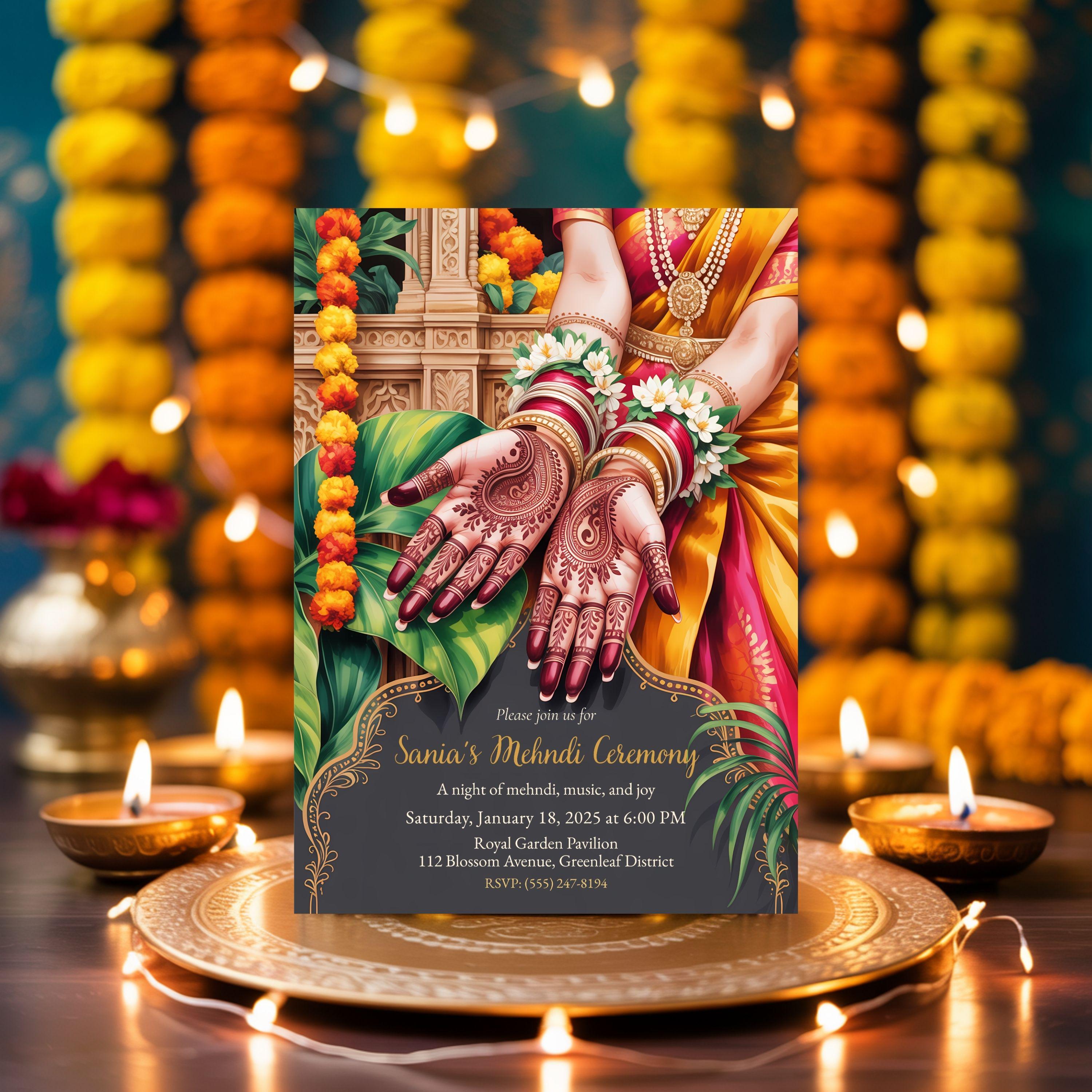 Luxury Mehndi Invitation: Henna Hands & Marigold Decor, Indian Canva ...