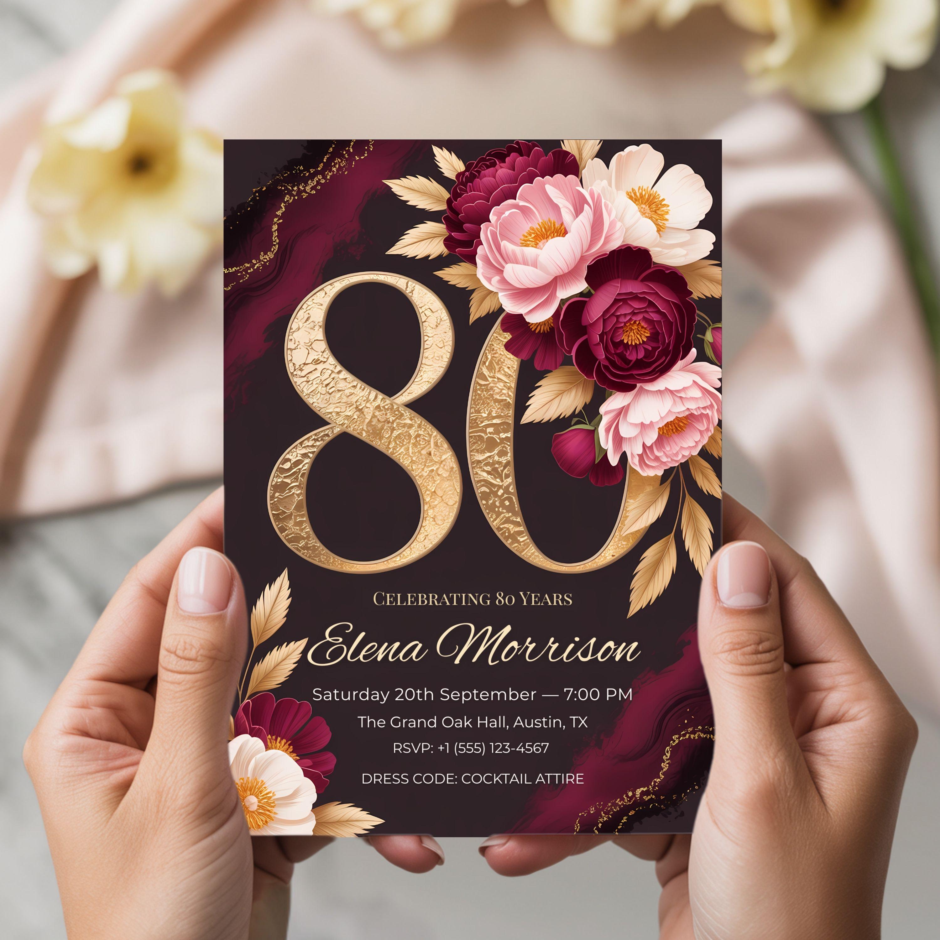 Luxury Floral 80th Birthday Invitation: Elegant Burgundy & Gold With ...