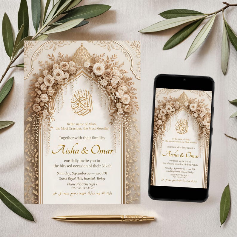 Elegant Islamic Wedding Invitation: Arabic Calligraphy Canva Template ...