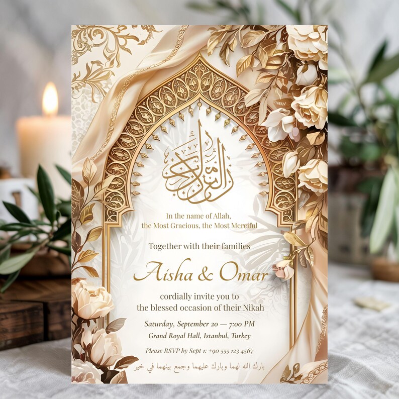 Islamic Wedding Invitation: Golden Dua, Arabic Calligraphy (editable ...