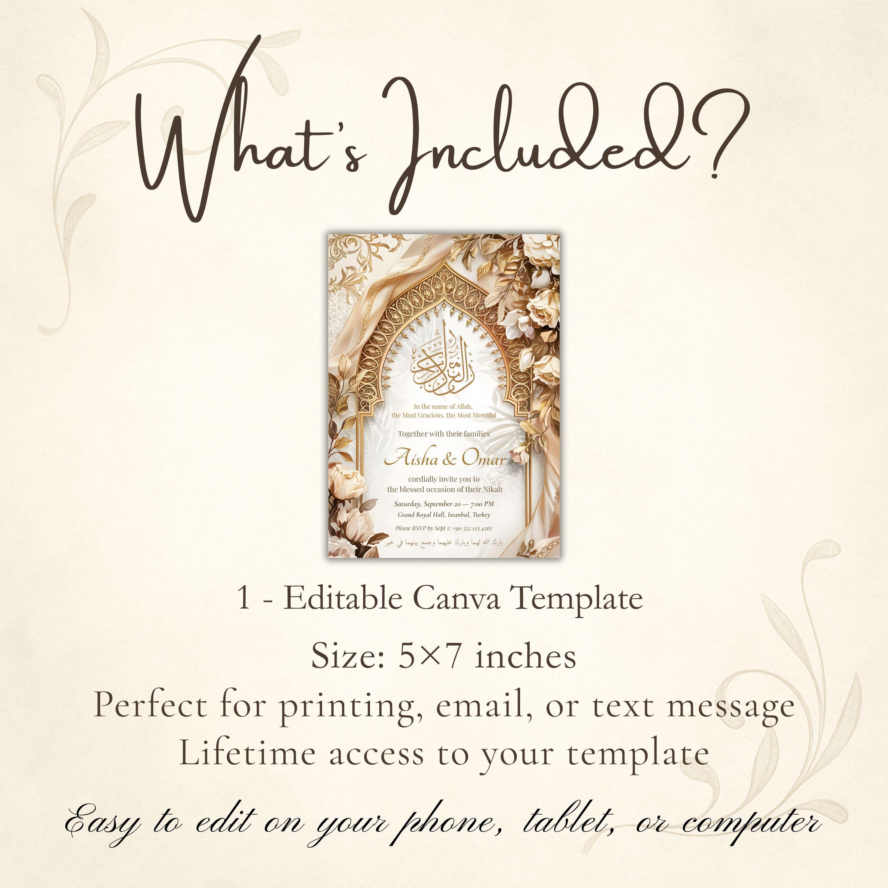 Islamic Wedding Invitation: Golden Dua, Arabic Calligraphy (editable ...