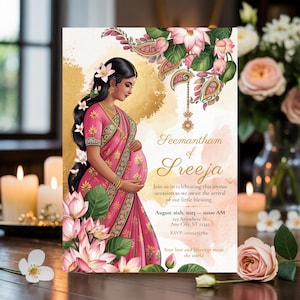 Seemantham Invitation Template: Luxury Lotus Baby Shower Card, Editable ...
