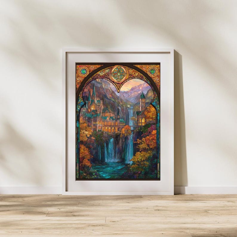 Stained Glass Style Wall Art Print | Rivendell Inspired Elvish City - Etsy