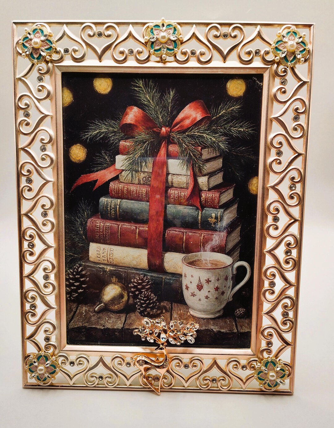 Jeweled Christmas Frame: Repurposed Rose Gold and Pearl Buttons Accent ...