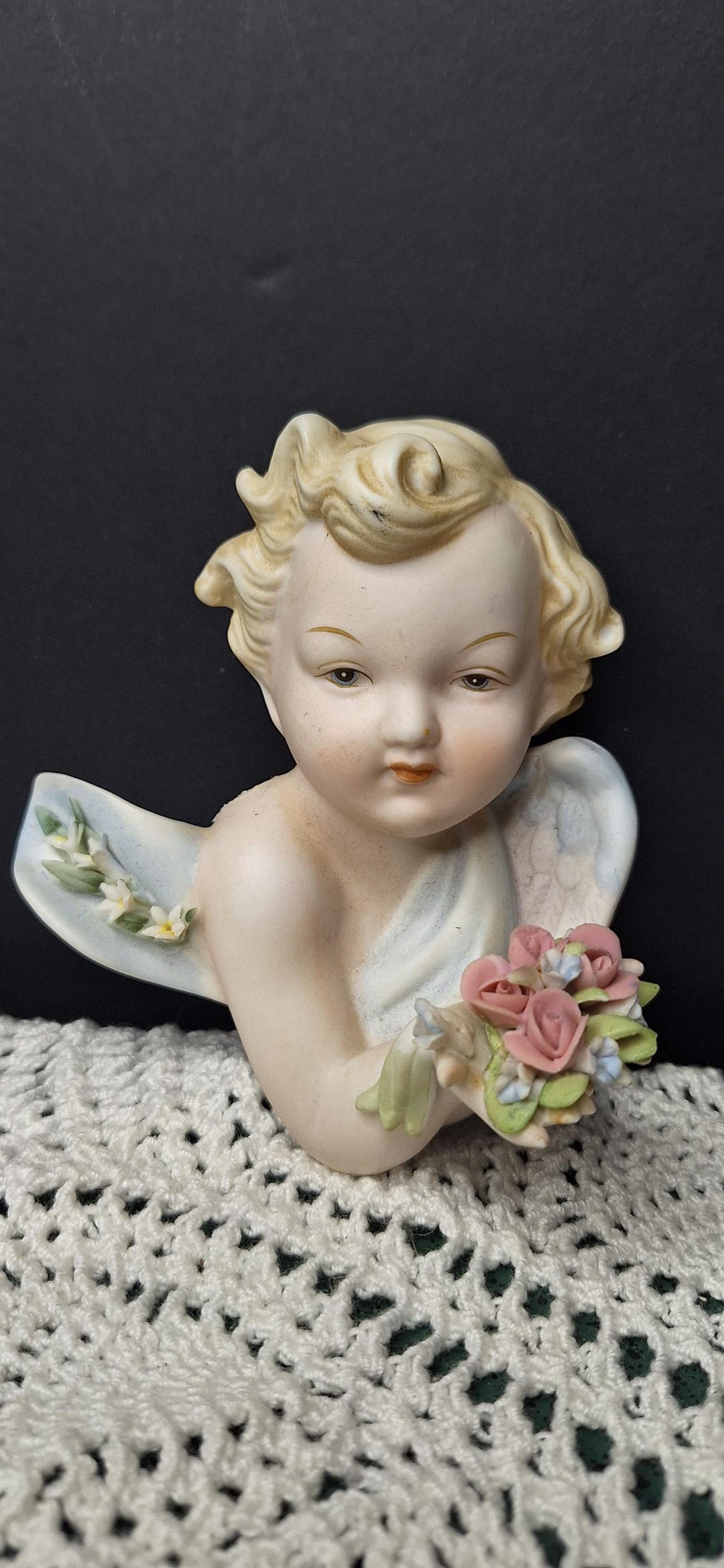 Vintage Lefton Porcelain Cherub Figurine Holding a Floral Bouquet. Made ...