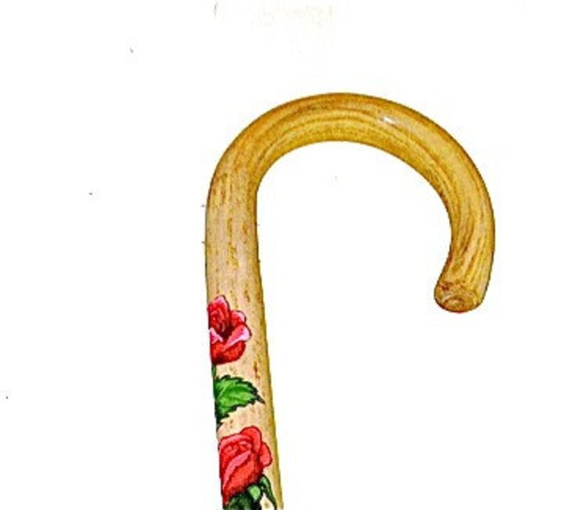 Red Roses Cane Walking Cane Roses Crook Handle Cane Wooden Hand Painted ...