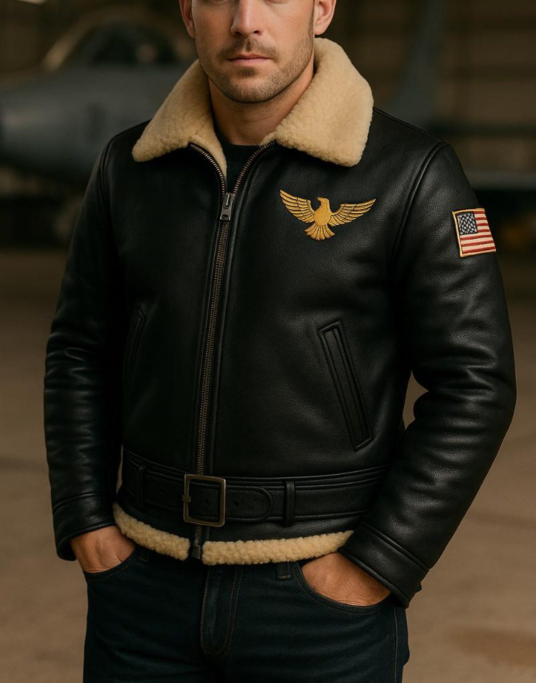 Men’s Aviator Leather Jacket Shearling Collar Flight Jacket Vintage Air ...