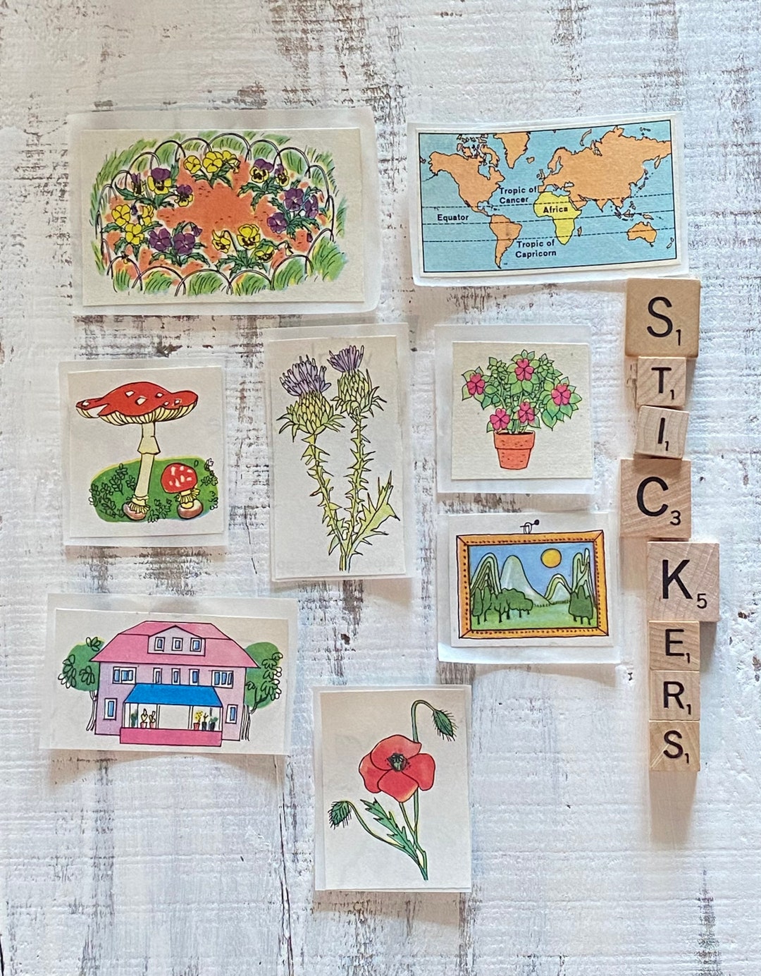 15 Vintage Hand Made Stickers - Cut Book Pages - Animals Birds Flowers ...